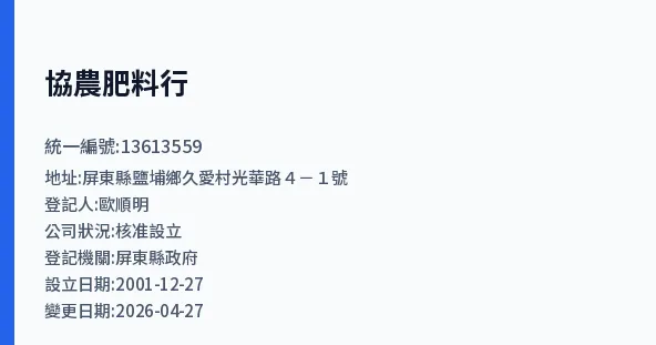 協農肥料行的照片-統編 13613559(屏東縣) 公司登記資料與營業項目詳細圖表