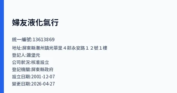 婦友液化氣行的照片-統編 13613869(屏東縣) 公司登記資料與營業項目詳細圖表
