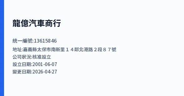 龍億汽車商行的照片-統編 13615846(嘉義縣) 公司登記資料與營業項目詳細圖表