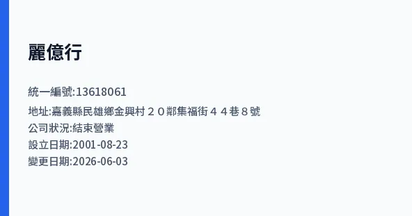 麗億行的照片-統編 13618061(嘉義縣) 公司登記資料與營業項目詳細圖表