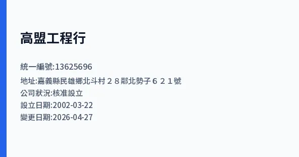高盟工程行的照片-統編 13625696(嘉義縣) 公司登記資料與營業項目詳細圖表
