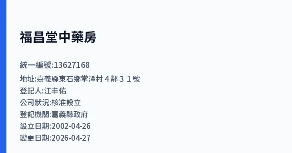 福昌堂中藥房的照片-統編 13627168(嘉義縣) 公司登記資料與營業項目詳細圖表