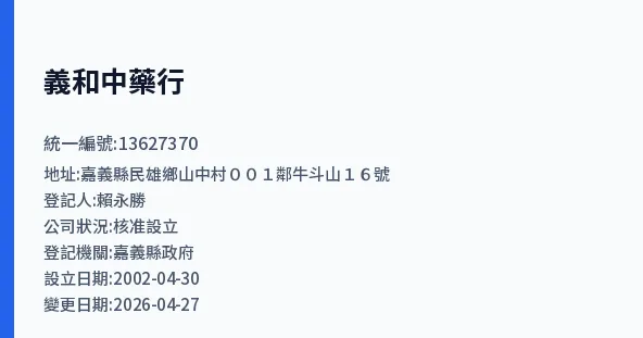 義和中藥行的照片-統編 13627370(嘉義縣) 公司登記資料與營業項目詳細圖表