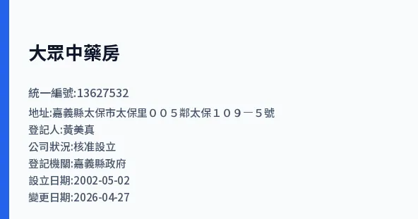 大眾中藥房的照片-統編 13627532(嘉義縣) 公司登記資料與營業項目詳細圖表