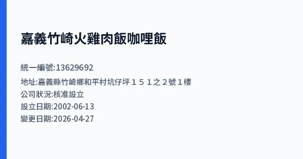 嘉義竹崎火雞肉飯咖哩飯的照片-統編 13629692(嘉義縣) 公司登記資料與營業項目詳細圖表