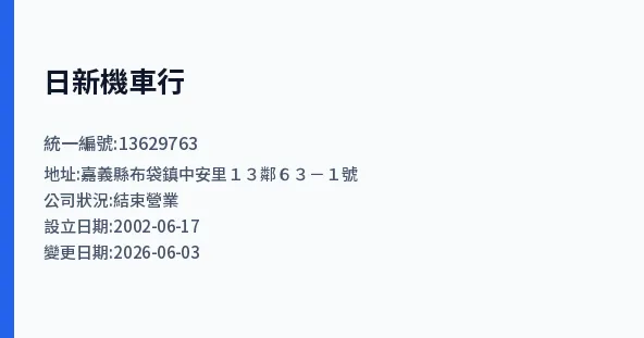 日新機車行的照片-統編 13629763(嘉義縣) 公司登記資料與營業項目詳細圖表