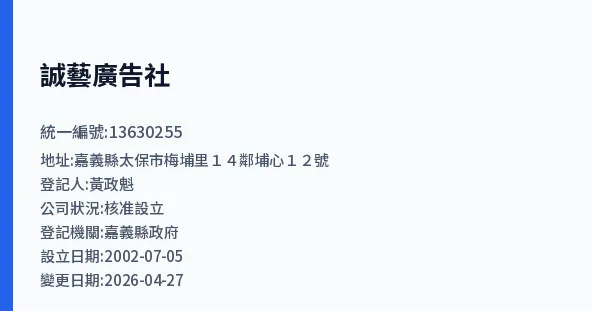 誠藝廣告社的照片-統編 13630255(嘉義縣) 公司登記資料與營業項目詳細圖表