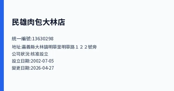 民雄肉包大林店的照片-統編 13630298(嘉義縣) 公司登記資料與營業項目詳細圖表