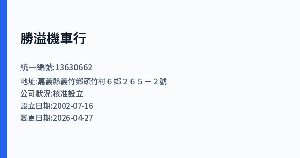 勝溢機車行的照片-統編 13630662(嘉義縣) 公司登記資料與營業項目詳細圖表