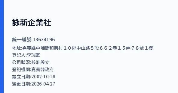 詠新企業社的照片-統編 13634196(嘉義縣) 公司登記資料與營業項目詳細圖表