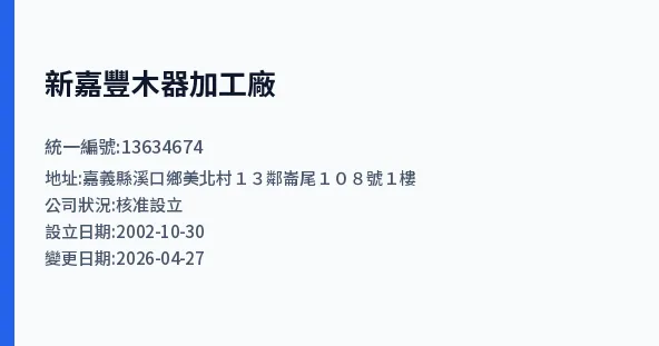 新嘉豐木器加工廠的照片-統編 13634674(嘉義縣) 公司登記資料與營業項目詳細圖表
