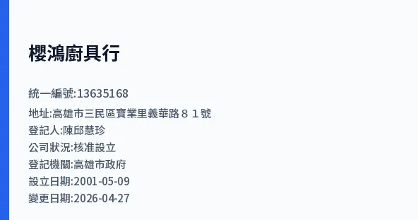櫻鴻廚具行的照片-統編 13635168(高雄市) 公司登記資料與營業項目詳細圖表
