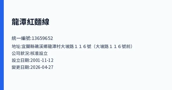 龍潭紅麵線的照片-統編 13659652(宜蘭縣) 公司登記資料與營業項目詳細圖表