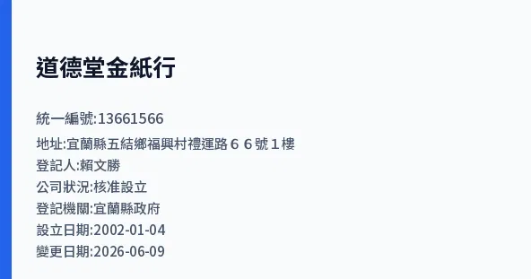道德堂金紙行的照片-統編 13661566(宜蘭縣) 公司登記資料與營業項目詳細圖表