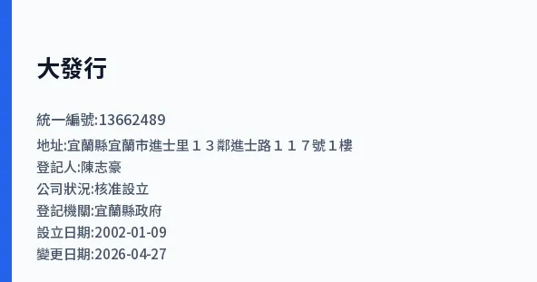 大發行的照片-統編 13662489(宜蘭縣) 公司登記資料與營業項目詳細圖表