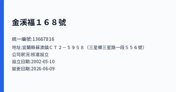 金溪福168號的照片-統編 13667816(宜蘭縣) 公司登記資料與營業項目詳細圖表
