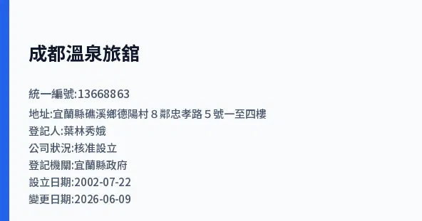 成都溫泉旅舘的照片-統編 13668863(宜蘭縣) 公司登記資料與營業項目詳細圖表