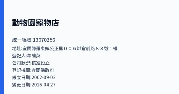 動物園寵物店的照片-統編 13670256(宜蘭縣) 公司登記資料與營業項目詳細圖表