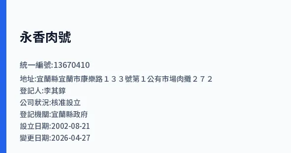永香肉號的照片-統編 13670410(宜蘭縣) 公司登記資料與營業項目詳細圖表
