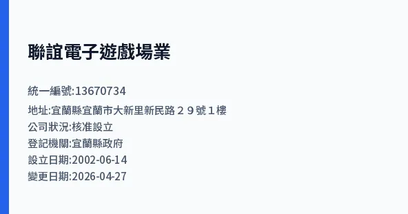 聯誼電子遊戲場業的照片-統編 13670734(宜蘭縣) 公司登記資料與營業項目詳細圖表