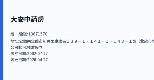 大安中葯房的照片-統編 13671570(宜蘭縣) 公司登記資料與營業項目詳細圖表