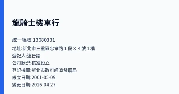 龍騎士機車行的照片-統編 13680331(新北市) 公司登記資料與營業項目詳細圖表