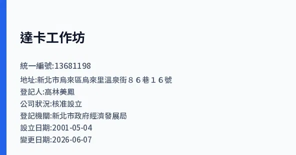 達卡工作坊的照片-統編 13681198(新北市) 公司登記資料與營業項目詳細圖表