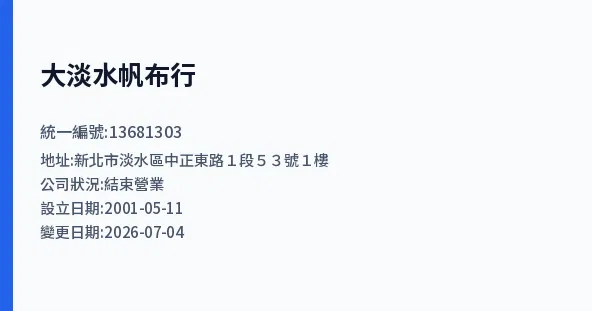 大淡水帆布行的照片-統編 13681303(新北市) 公司登記資料與營業項目詳細圖表