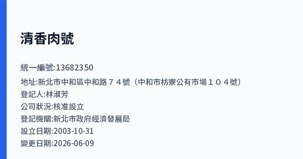 清香肉號的照片-統編 13682350(新北市) 公司登記資料與營業項目詳細圖表