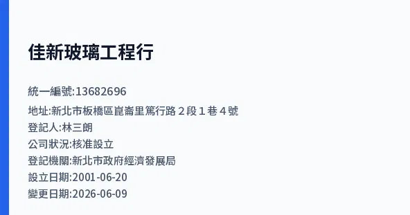 佳新玻璃工程行的照片-統編 13682696(新北市) 公司登記資料與營業項目詳細圖表