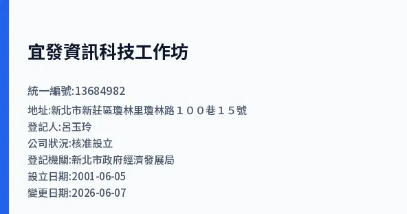 宜發資訊科技工作坊的照片-統編 13684982(新北市) 公司登記資料與營業項目詳細圖表