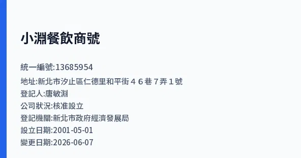 小淵餐飲商號的照片-統編 13685954(新北市) 公司登記資料與營業項目詳細圖表