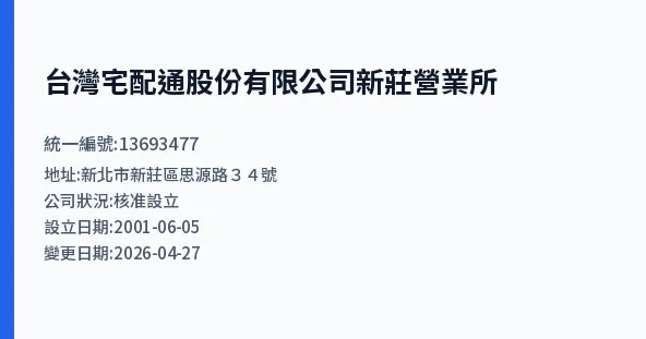 台灣宅配通股份有限公司新莊營業所的照片-統編 13693477(新北市) 公司登記資料與營業項目詳細圖表