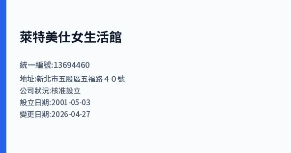 萊特美仕女生活館的照片-統編 13694460(新北市) 公司登記資料與營業項目詳細圖表