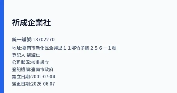 祈成企業社的照片-統編 13702270(臺南市) 公司登記資料與營業項目詳細圖表