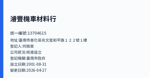 濬豐機車材料行的照片-統編 13704615(臺南市) 公司登記資料與營業項目詳細圖表