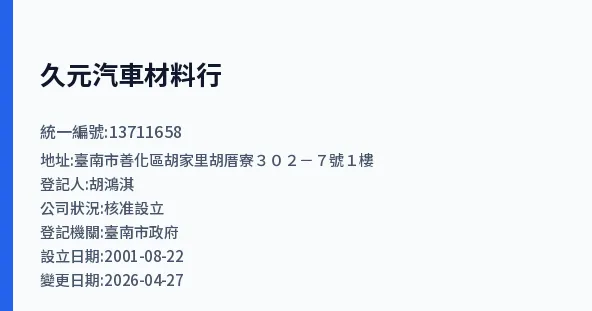 久元汽車材料行的照片-統編 13711658(臺南市) 公司登記資料與營業項目詳細圖表
