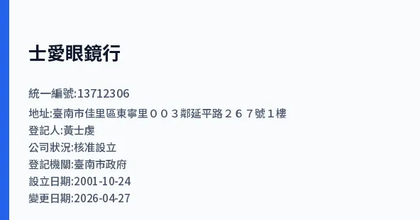 士愛眼鏡行的照片-統編 13712306(臺南市) 公司登記資料與營業項目詳細圖表