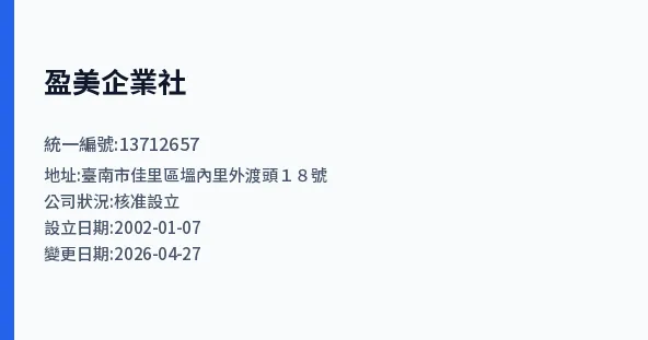 盈美企業社的照片-統編 13712657(臺南市) 公司登記資料與營業項目詳細圖表