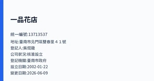 一品花店的照片-統編 13713537(臺南市) 公司登記資料與營業項目詳細圖表
