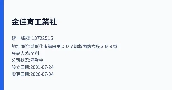 金佳育工業社的照片-統編 13722515(彰化縣) 公司登記資料與營業項目詳細圖表