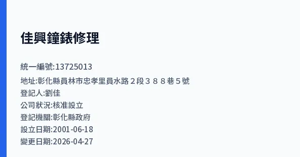 佳興鐘錶修理的照片-統編 13725013(彰化縣) 公司登記資料與營業項目詳細圖表