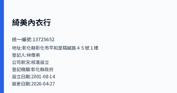 綺美內衣行的照片-統編 13725652(彰化縣) 公司登記資料與營業項目詳細圖表