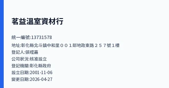 茗益溫室資材行的照片-統編 13731578(彰化縣) 公司登記資料與營業項目詳細圖表