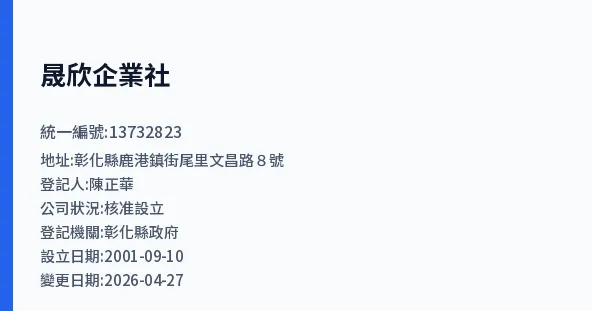 晟欣企業社的照片-統編 13732823(彰化縣) 公司登記資料與營業項目詳細圖表