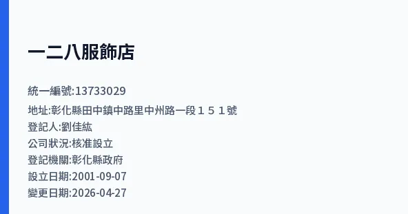 一二八服飾店的照片-統編 13733029(彰化縣) 公司登記資料與營業項目詳細圖表