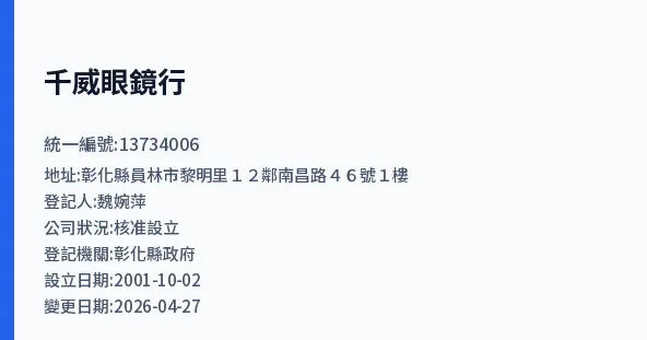 千威眼鏡行的照片-統編 13734006(彰化縣) 公司登記資料與營業項目詳細圖表