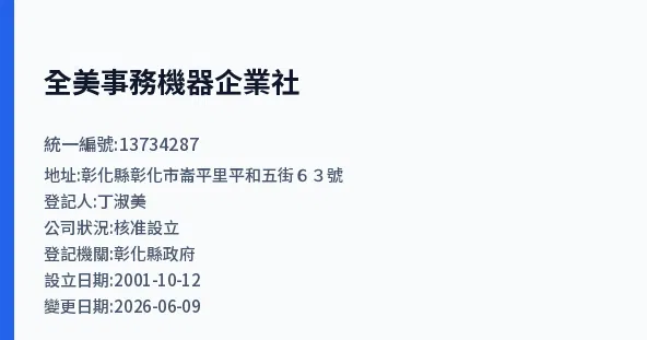 全美事務機器企業社的照片-統編 13734287(彰化縣) 公司登記資料與營業項目詳細圖表