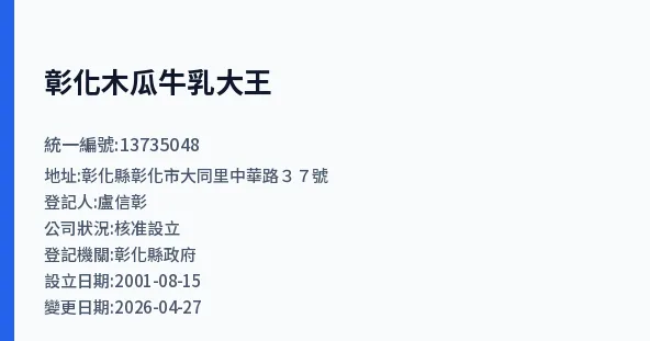 彰化木瓜牛乳大王的照片-統編 13735048(彰化縣) 公司登記資料與營業項目詳細圖表