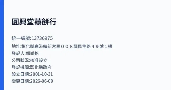 圓興堂囍餅行的照片-統編 13736975(彰化縣) 公司登記資料與營業項目詳細圖表